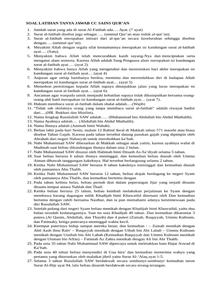 Soal Latihan Tanya Jawab CC Sains Qur | PDF