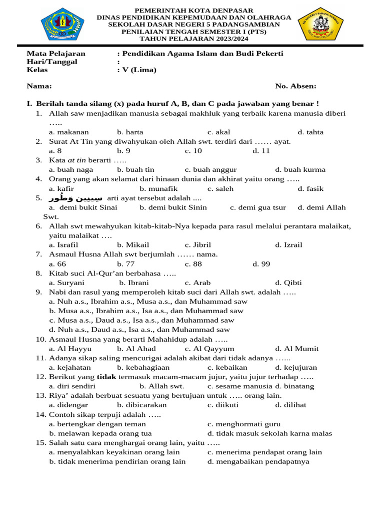 PTS kelas 5 Tahun 2023 | PDF