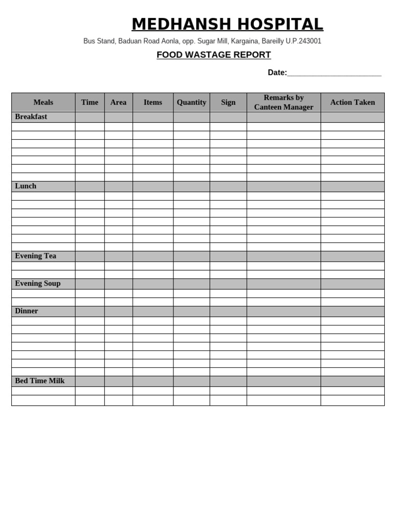 Food Wastage Report Template | PDF