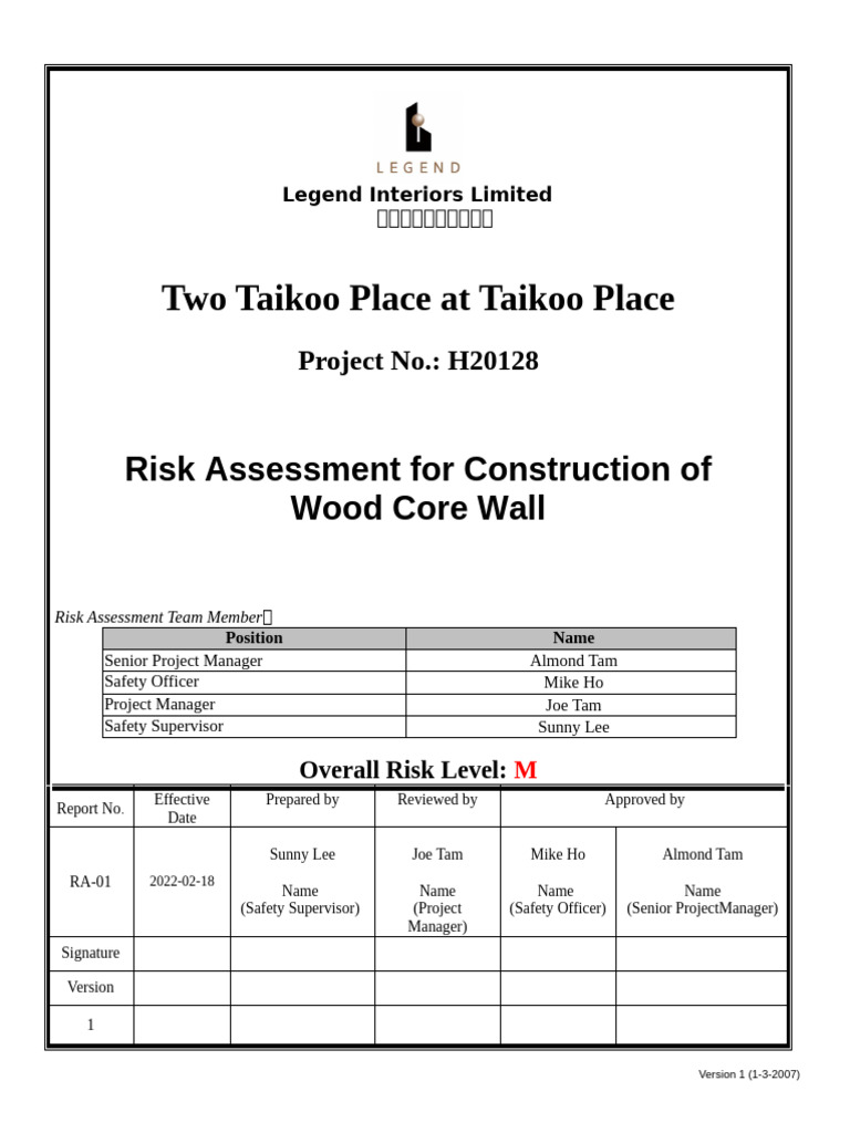Risk Assessment For Construction of Wood Core Wall | PDF | Risk | Safety