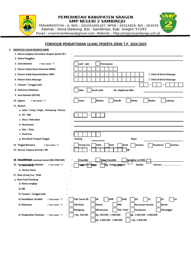 FORMULIR DAFTAR ULANG SMP Format Dapodik | PDF