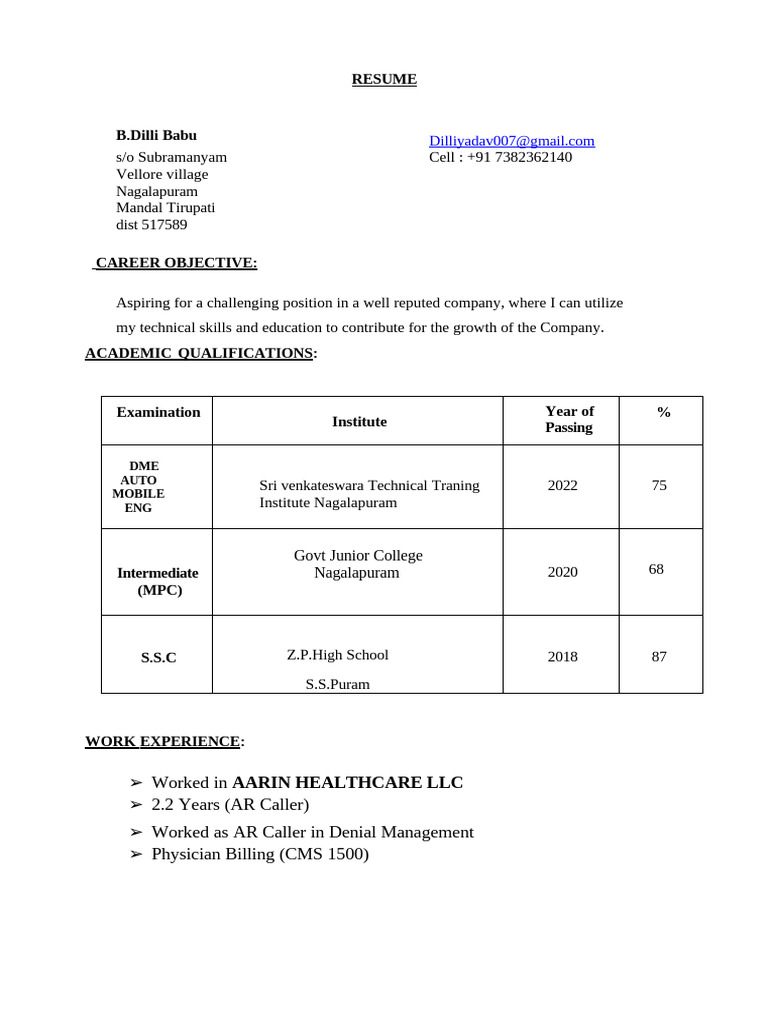 B.dilli Babu Resume | PDF