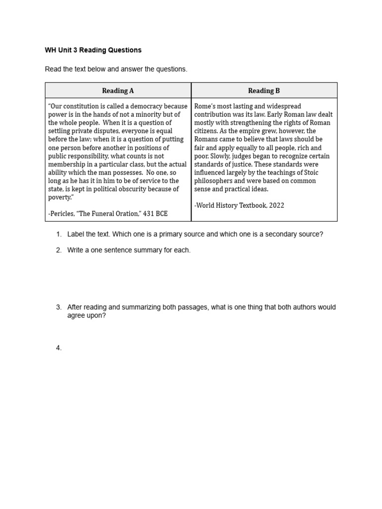 WH Unit 3 Reading Questions | PDF