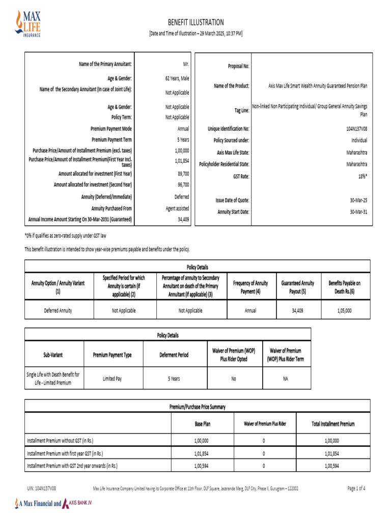 Axis Max Life Guaranteed Pension Plan | PDF | Insurance | Life Insurance