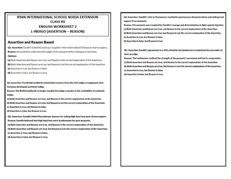 Class 12 - Worksheet 2 - Indigo Assertion-Reason | PDF