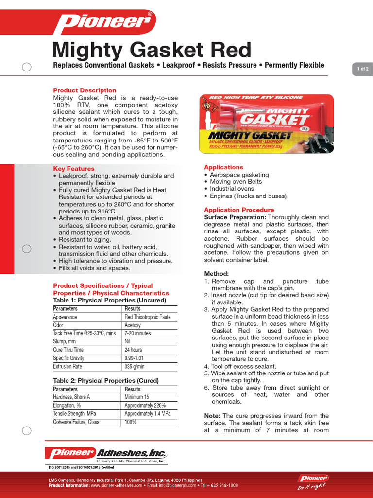 Mighty Gasket Red Application Guide | PDF | Silicone | Materials