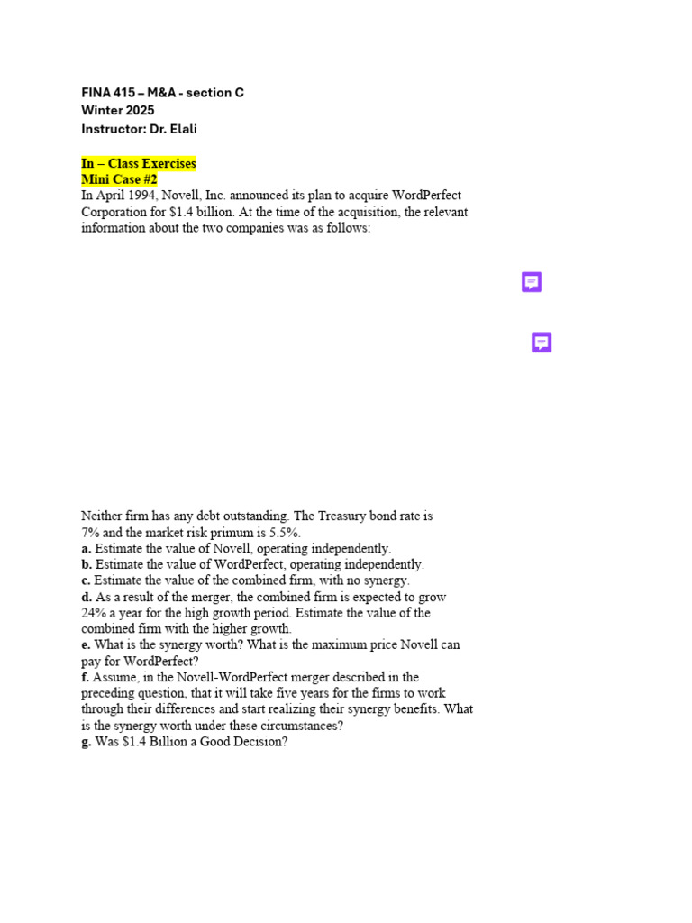 FINA 415 - Mini Case #2 - Operating Synergy - in Class Exercises | PDF