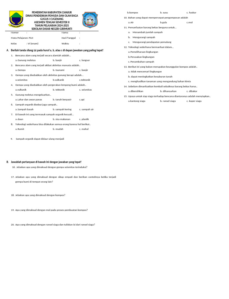 soal STS 2 PLH kls 6 tp 24 25 | PDF