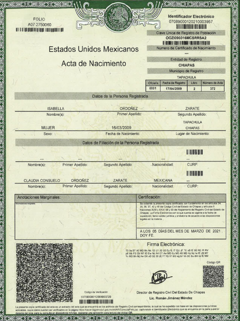 Acta de Nac Isabella Ordoñez Zarate | PDF