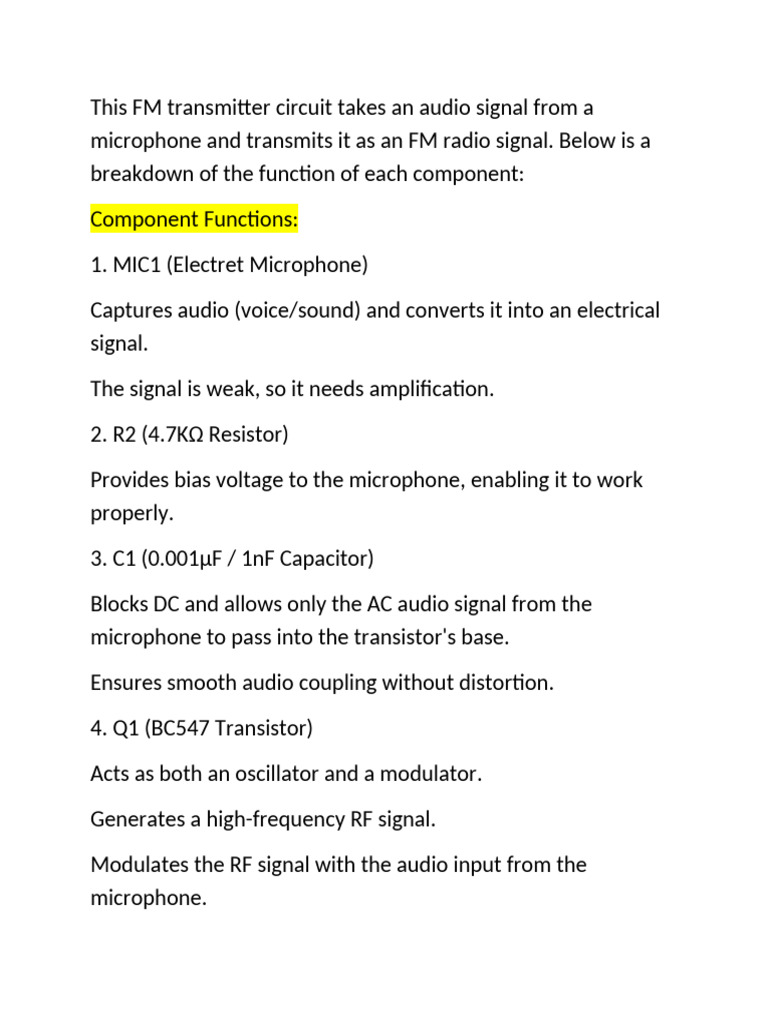 FM Transmitter Circuit Components Guide | PDF | Frequency Modulation ...
