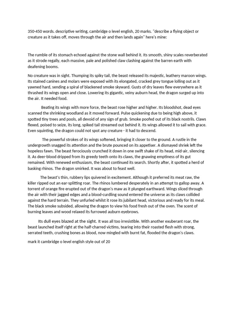 Descriptive Writing, Cambridge o Level English. "Describe A Flying ...