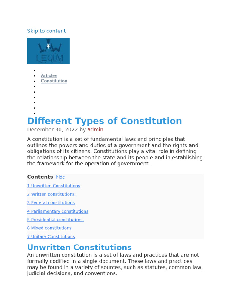 Different Types of Constitution | PDF | Constitution | World Politics