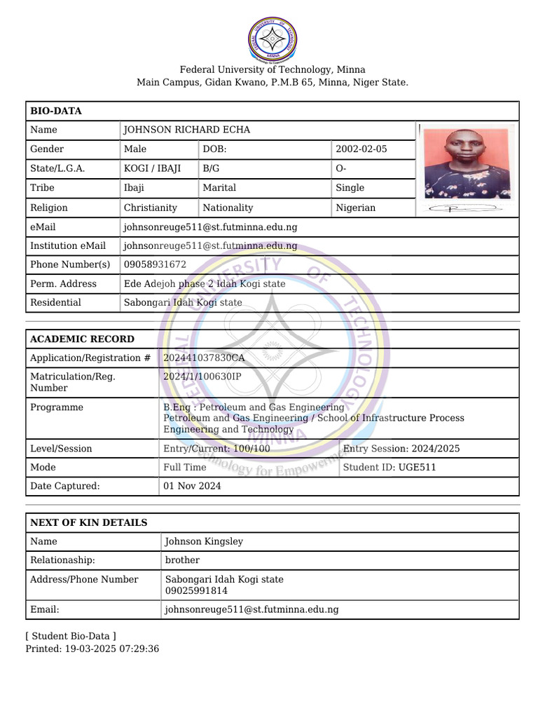 Johnson Richard Echa Bio-Data | PDF