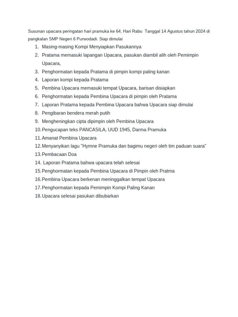 Susunan Upacara HUT Pramuka ke-64 | PDF