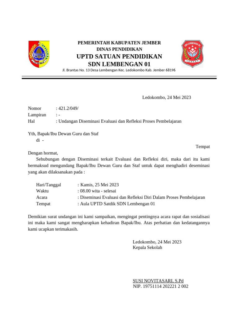 SURAT UNDANGAN DISEMINASI EVALUASI DAN rEFLEKSI | PDF