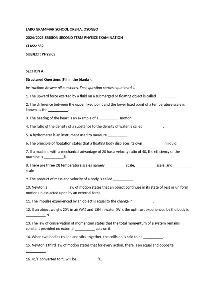 SS2 Second Term Physics Examination | PDF | Force | Buoyancy
