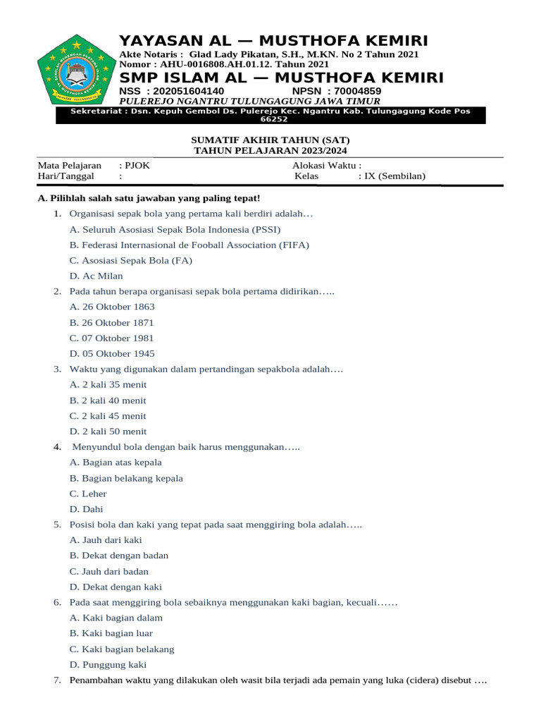 SOAL PAT PJOK KELAS 9 2025 | PDF