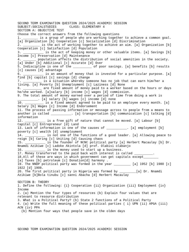 Elementary 4-Second Term Examination Questions Cma | PDF | Computer ...