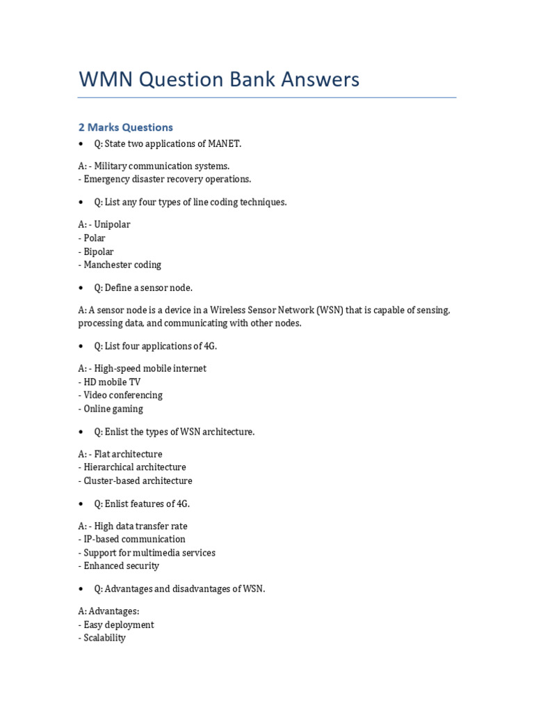 WMN Question Bank Answers | PDF | Wireless Ad Hoc Network | Wireless Sensor Network