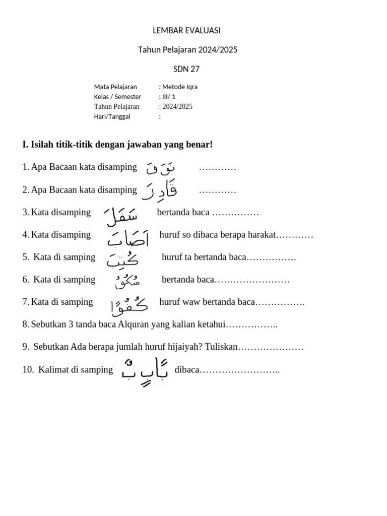 Soal Metode Iqra Kelas 3, 4, Dan 5 | PDF
