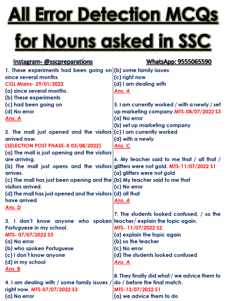 All Error Detection MCQs For Tenses Asked in SSC Exams | PDF