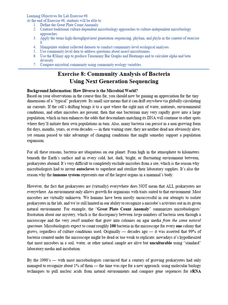 Exercise 8 Community Analysis of Bacteria Using Next Generation ...