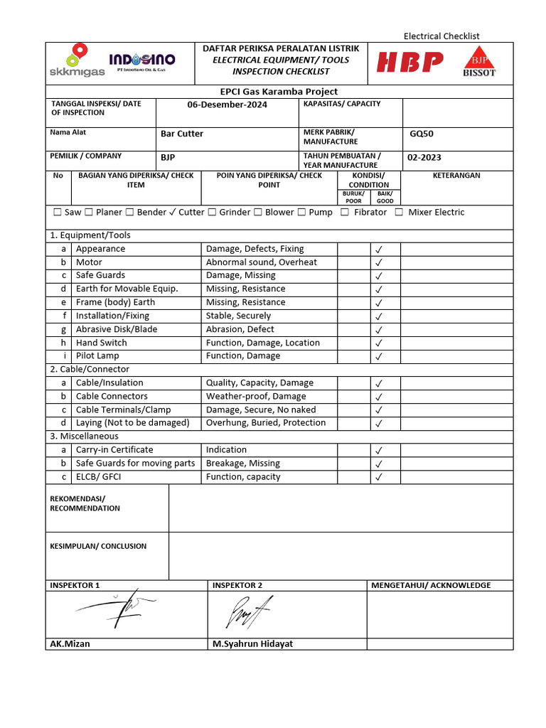 Bar Cutter Electrical Inspection Report | PDF | Manufactured Goods ...