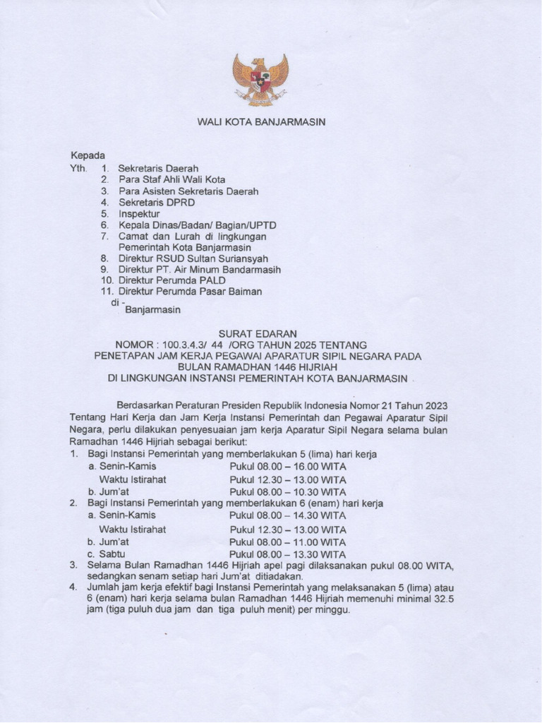 SE Jam Kerja ASN Bulan Ramadhan1446 Hijriah | PDF