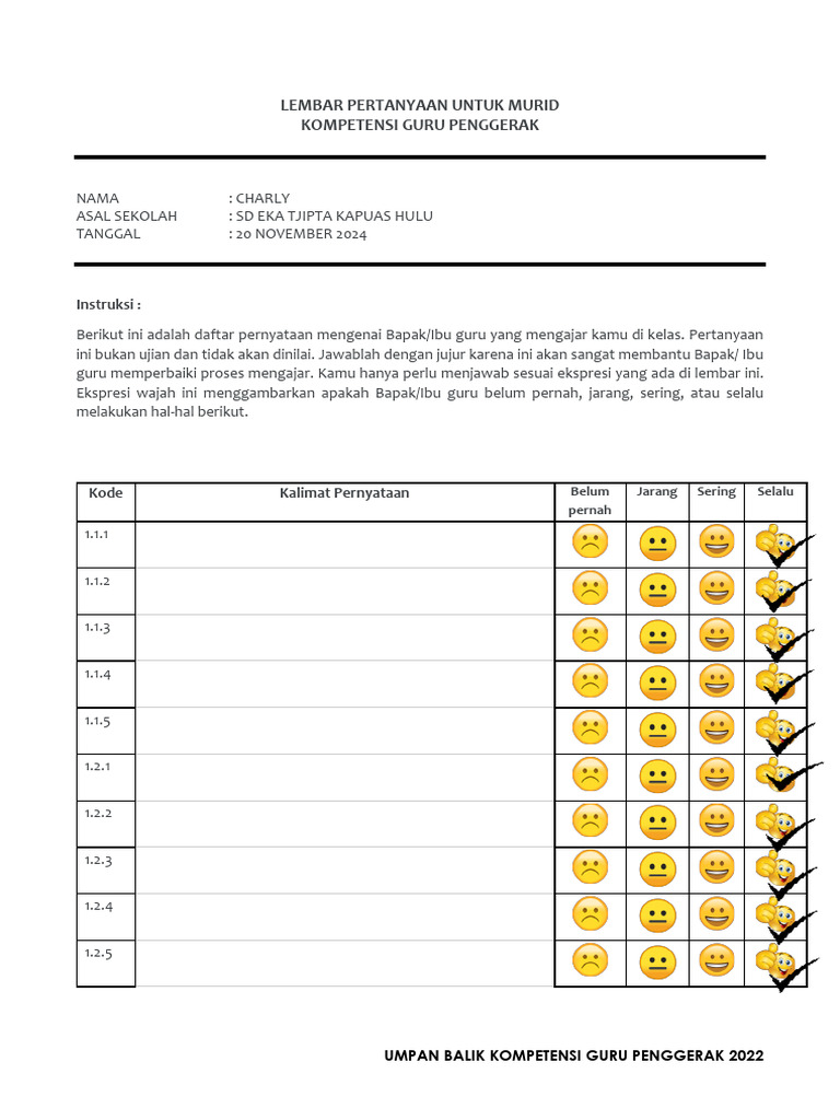 Lembar Kuisioner Murid SD (CHARLY KELAS 6) | PDF