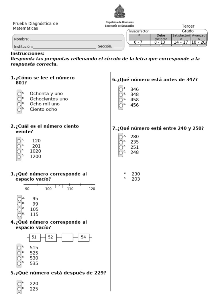 Prueba Diagnóstica de Matemáticas 3º Grado | PDF