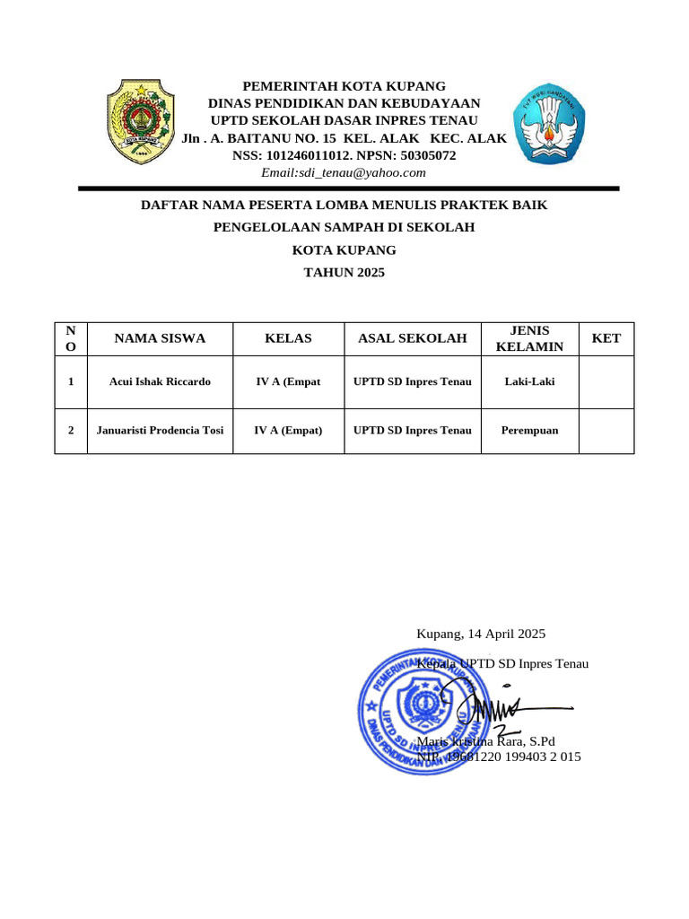 Daftar Nama Lomba Pengelolaan Sampah 2025 | PDF