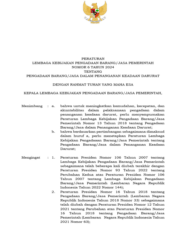 Peraturan Lembaga Nomor 6 Tahun 2024 PBJ Dalam Keadaan Darurat | PDF