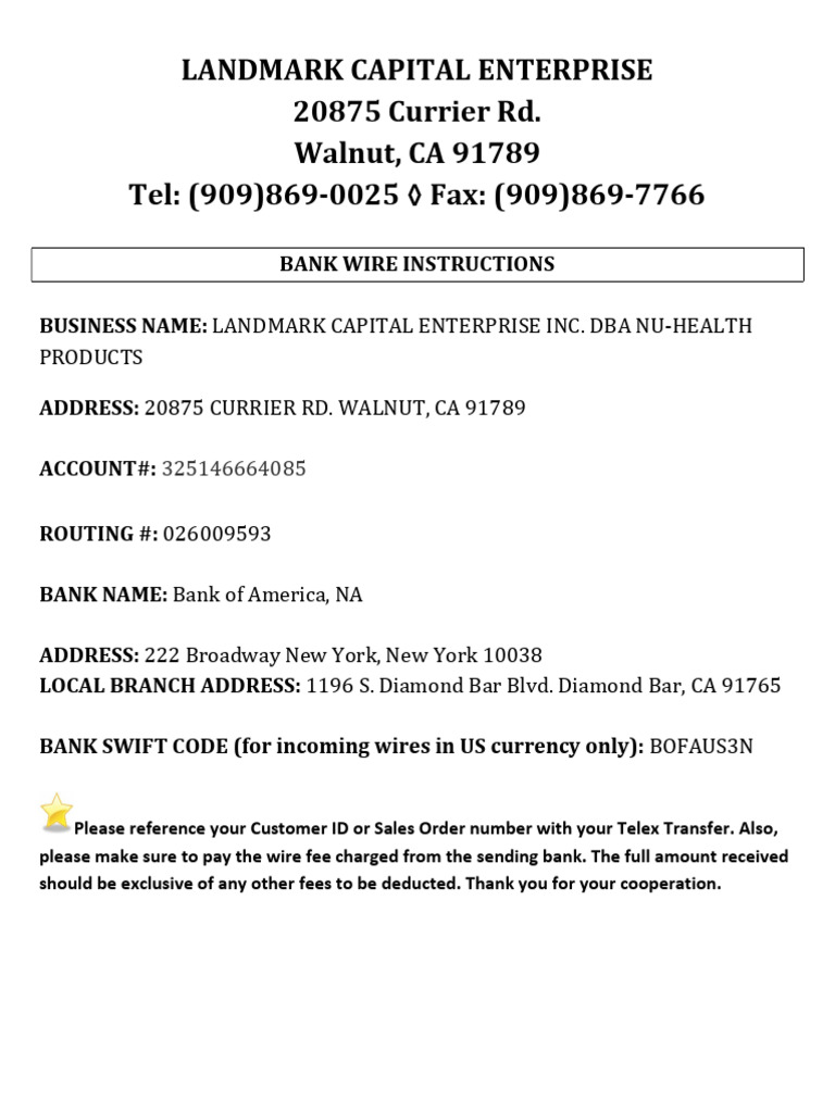 BOA BANK WIRE INSTRUCTIONS 3.1.22 | PDF