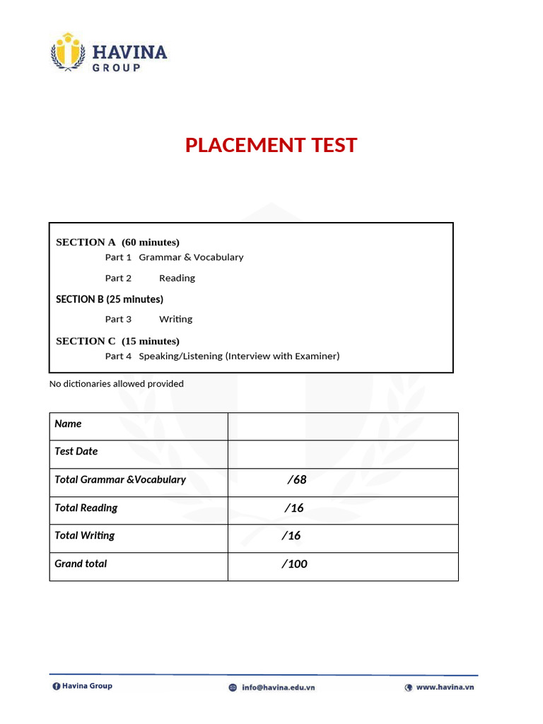 Placement Test: Grammar, Reading, Writing | PDF | Tourism | Vocabulary