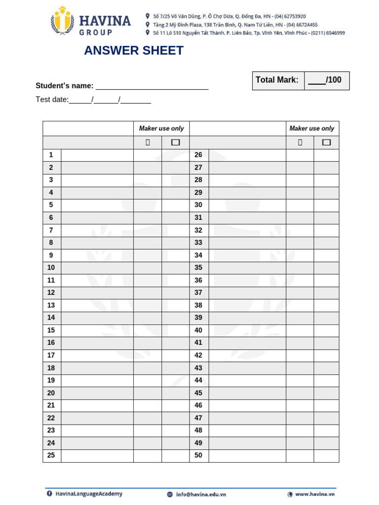 Student Test Answer Sheet Template | PDF
