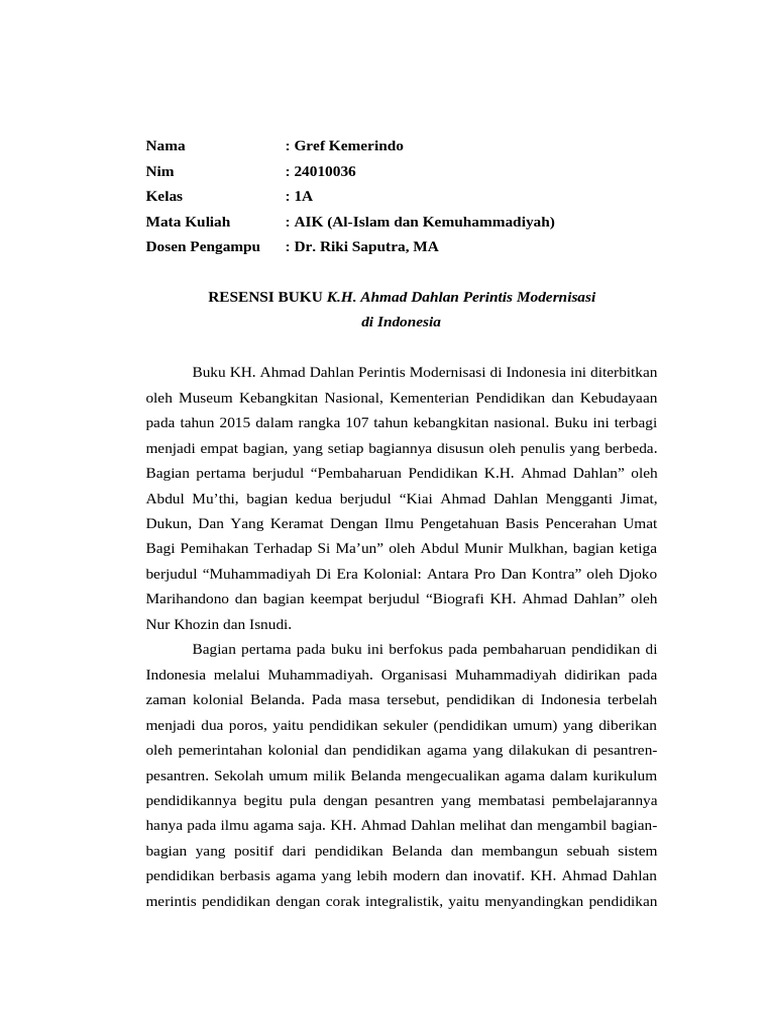 RESENSI BUKU K.H. Ahmad Dahlan Perintis Modernisasi Di Indonesia (Gref Kemerindo) | PDF