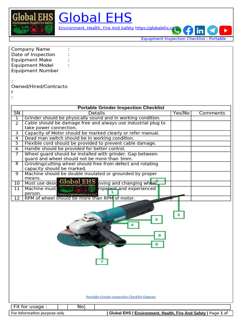 Portable Grinder Inspection Checklist | PDF