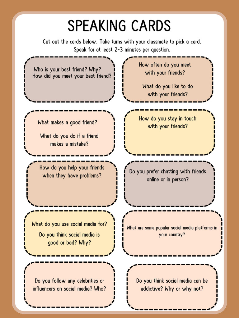 Speaking Cards Template On Diff Topics | PDF