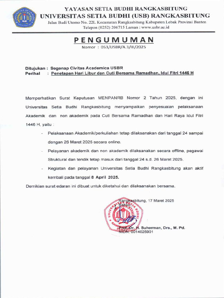 Surat Edaran Rektor USBR No. 053 Tahun 2025 - Penetapan Libur dan Cuti Bersama Bulan Ramadhan ...