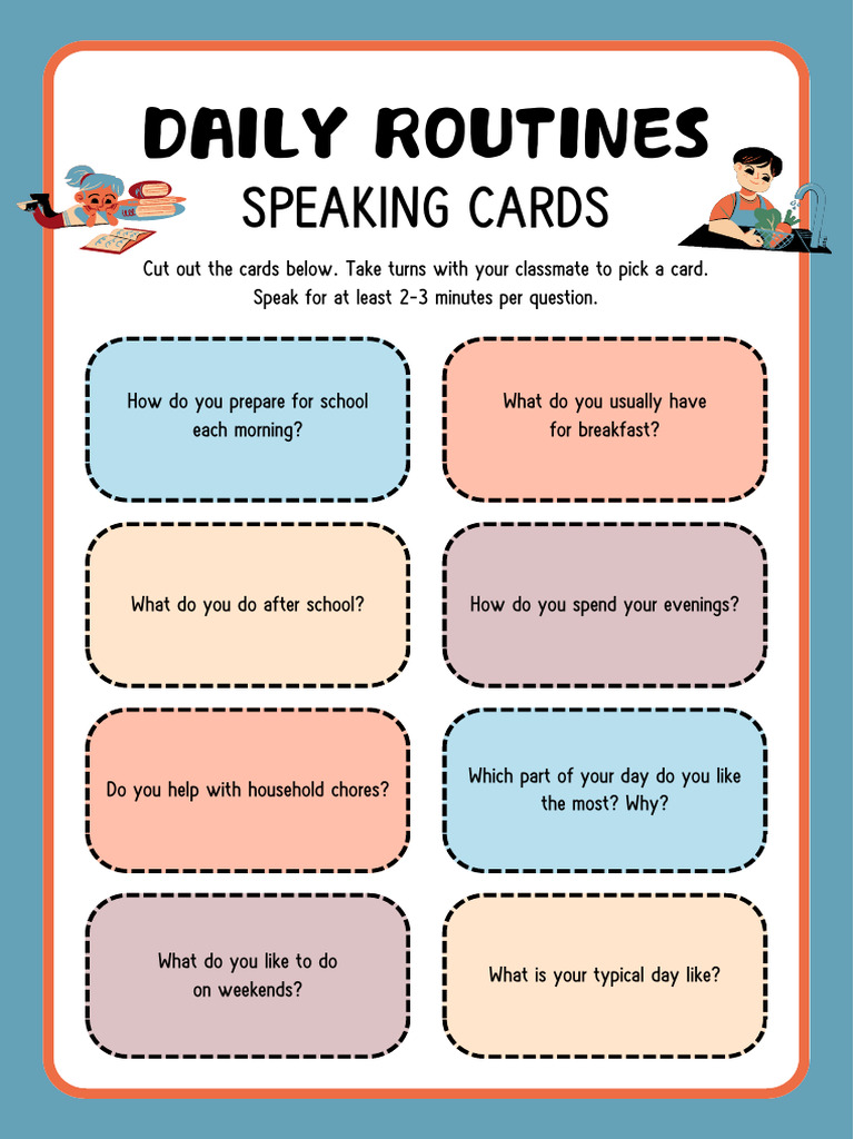 Daily Routines Speaking Cards Template in Blue Orange Simple Style | PDF