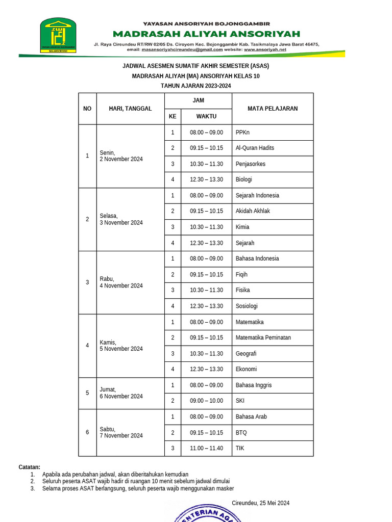 Jadwal Asesmen Sumatif Akhir Semester | PDF