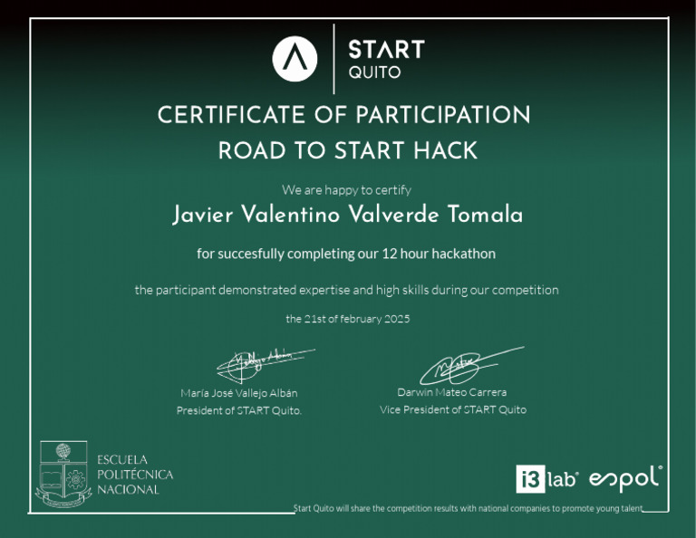 Certificate of Participation Road To Start Hack: For Succesfully ...