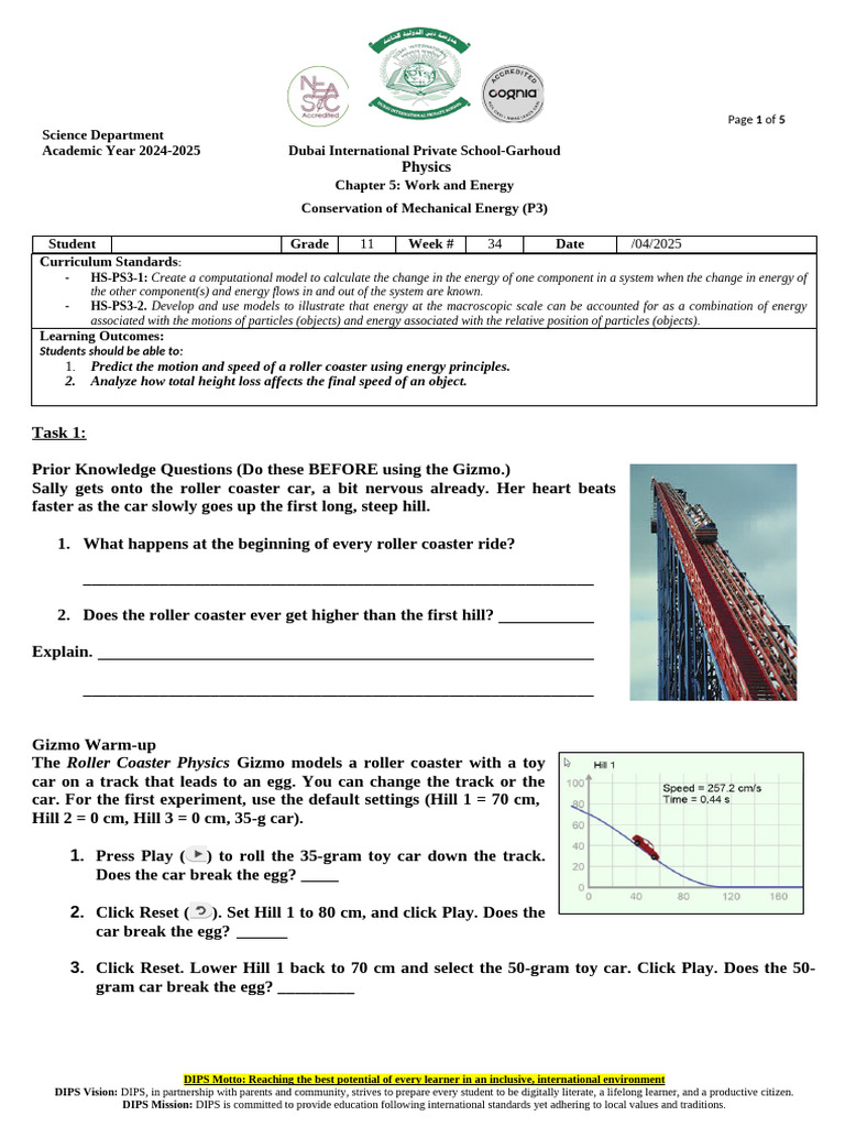 Roller Coaster Physics Exploration | PDF | Physics