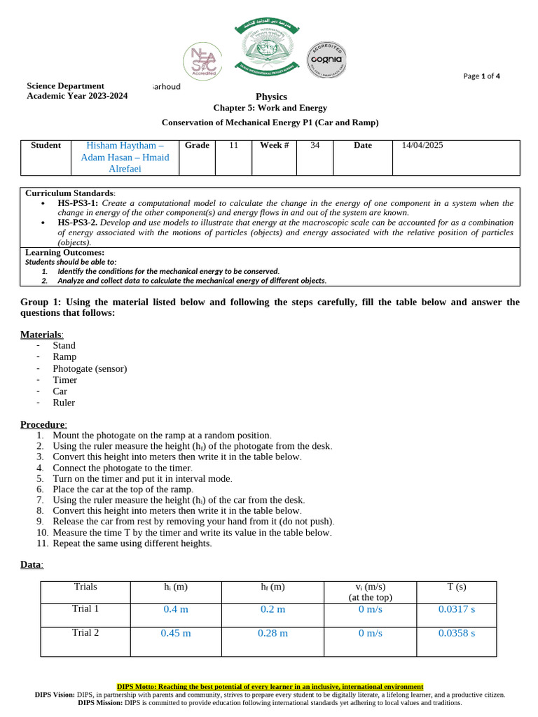 wk34 P1 Lab Group 1 Car and Ramp | PDF | Physical Phenomena | Physical ...