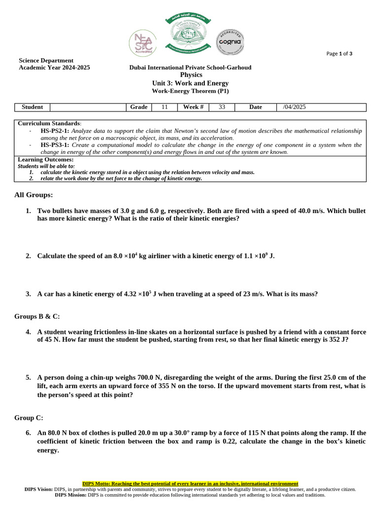 wk33 P1 Work-Energy Theorem | PDF | Force | Kinetic Energy