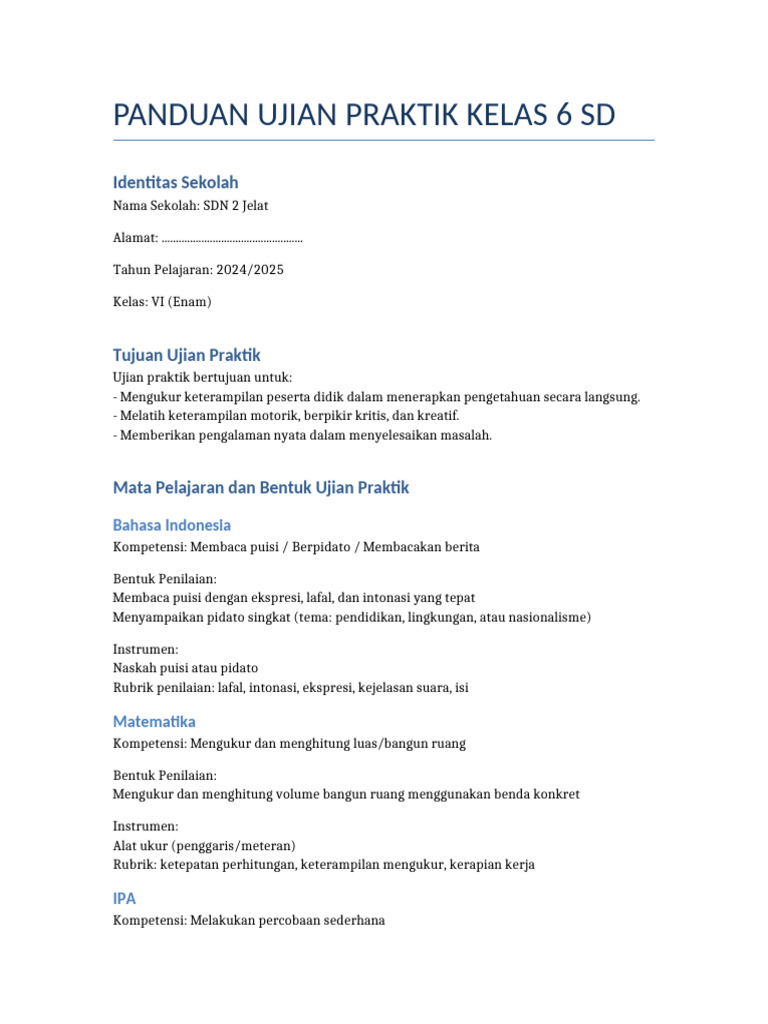 Panduan Ujian Praktik Kelas 6 SDN 2 Jelat | PDF