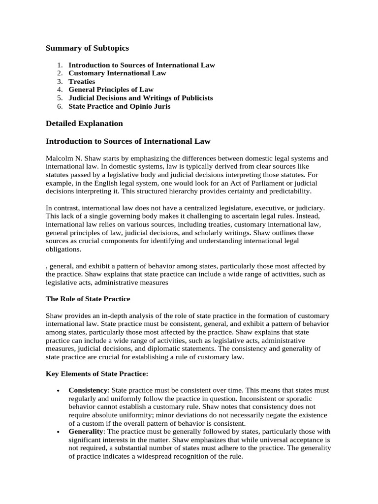Summary of Subtopics Malcolm Shaw | PDF | Treaty | International Law