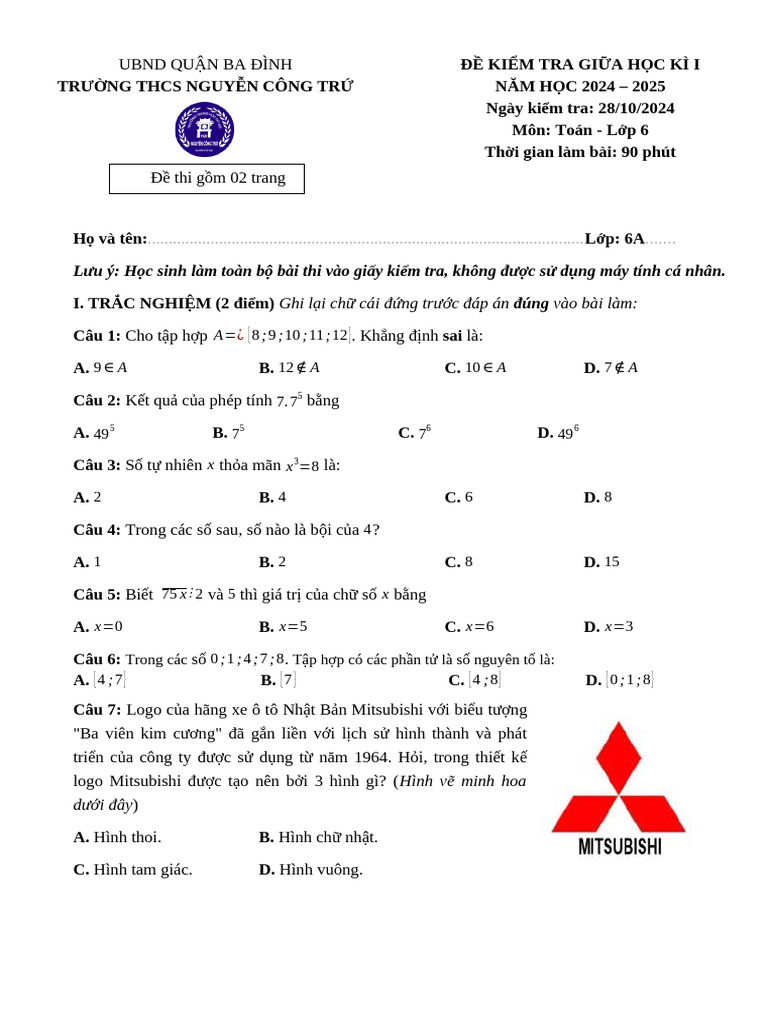 De Giua Hoc Ki 1 Toan 6 Nam 2024 2025 Truong Thcs Nguyen Cong Tru Ha Noi | PDF
