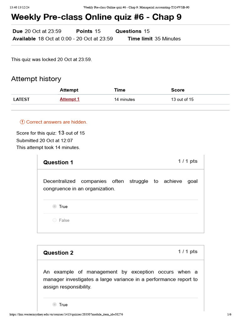 Weekly Pre-Class Online Quiz #6 - Chap 9 - Managerial Accounting ...