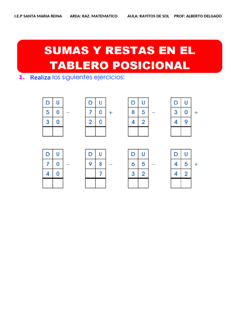 SUIMAS Y RESTAS TABLERO POSICIONAL - RAYITOS DE SOL | PDF